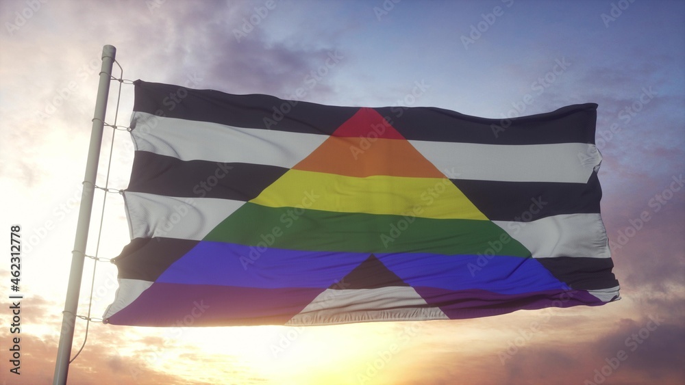Straight Ally pride flag waving in the wind, sky and sun background. 3d ...