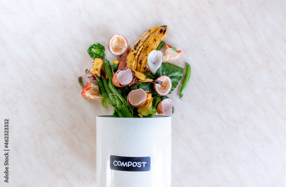 Food waste inside the metal compost bin. Zero waste concept. Stock ...