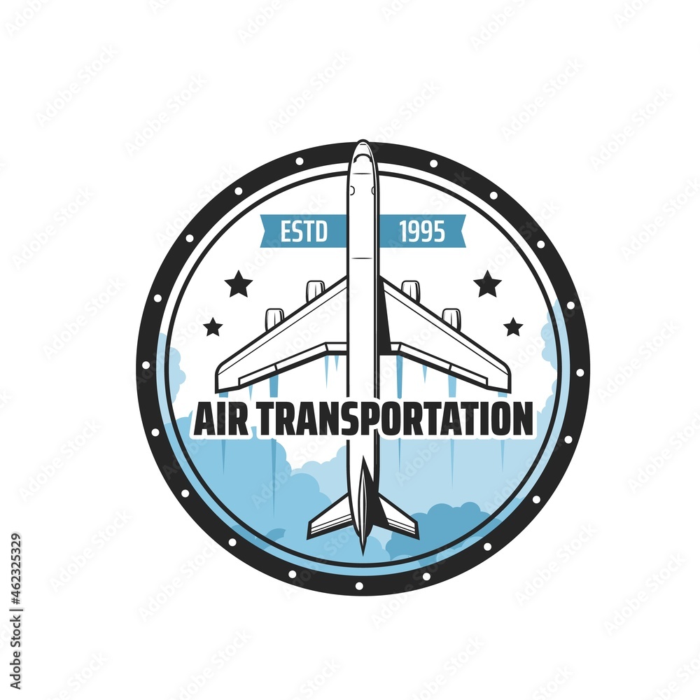 Air transportation vector icon of plane, airplane, jet airliner or ...