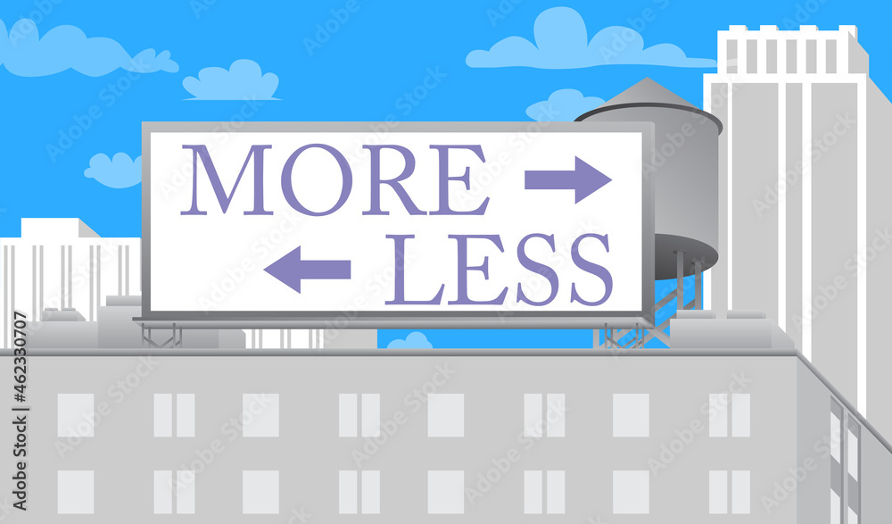 More and Less text with arrow on a billboard sign atop a brick building ...