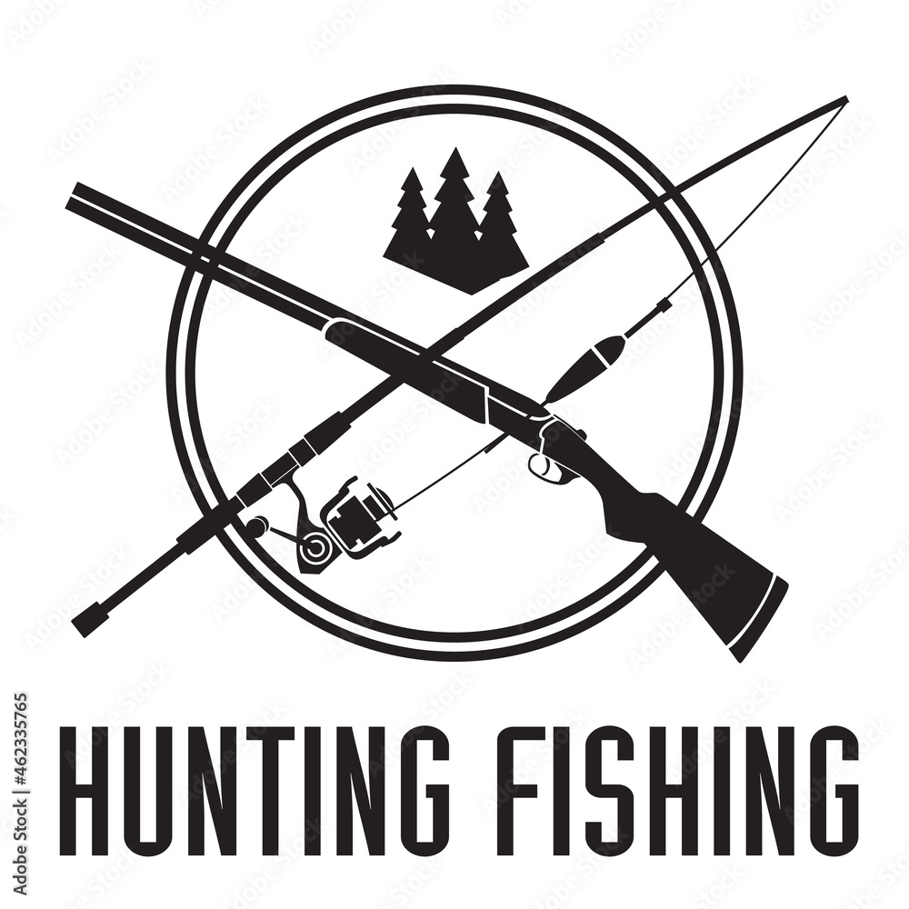 Hunting logo. Shotgun and fishing rod. Round emblem for a hunting club ...