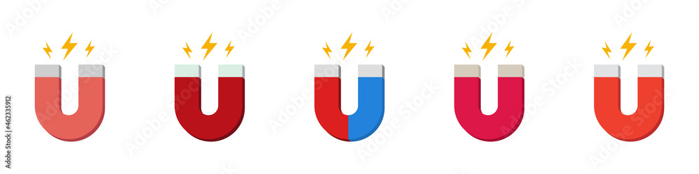 Conjunto de imanes con rayos de electricidad. Concepto de magnetismo ...