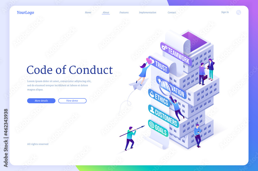 Code of conduct isometric landing page, company business rules concept ...