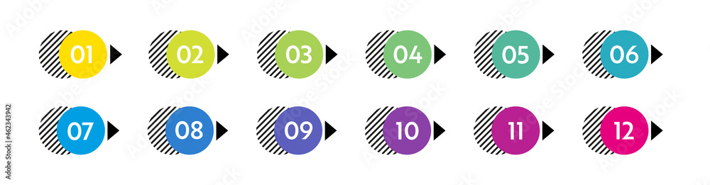 Bullet points numbers. Colorful list markers from 1 to 12. Vector ...