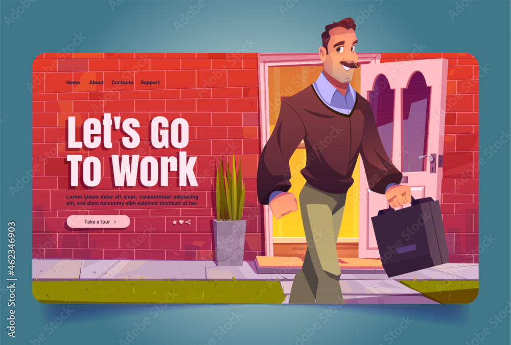 Lets go to work cartoon landing page, Man leaving home walking to job ...