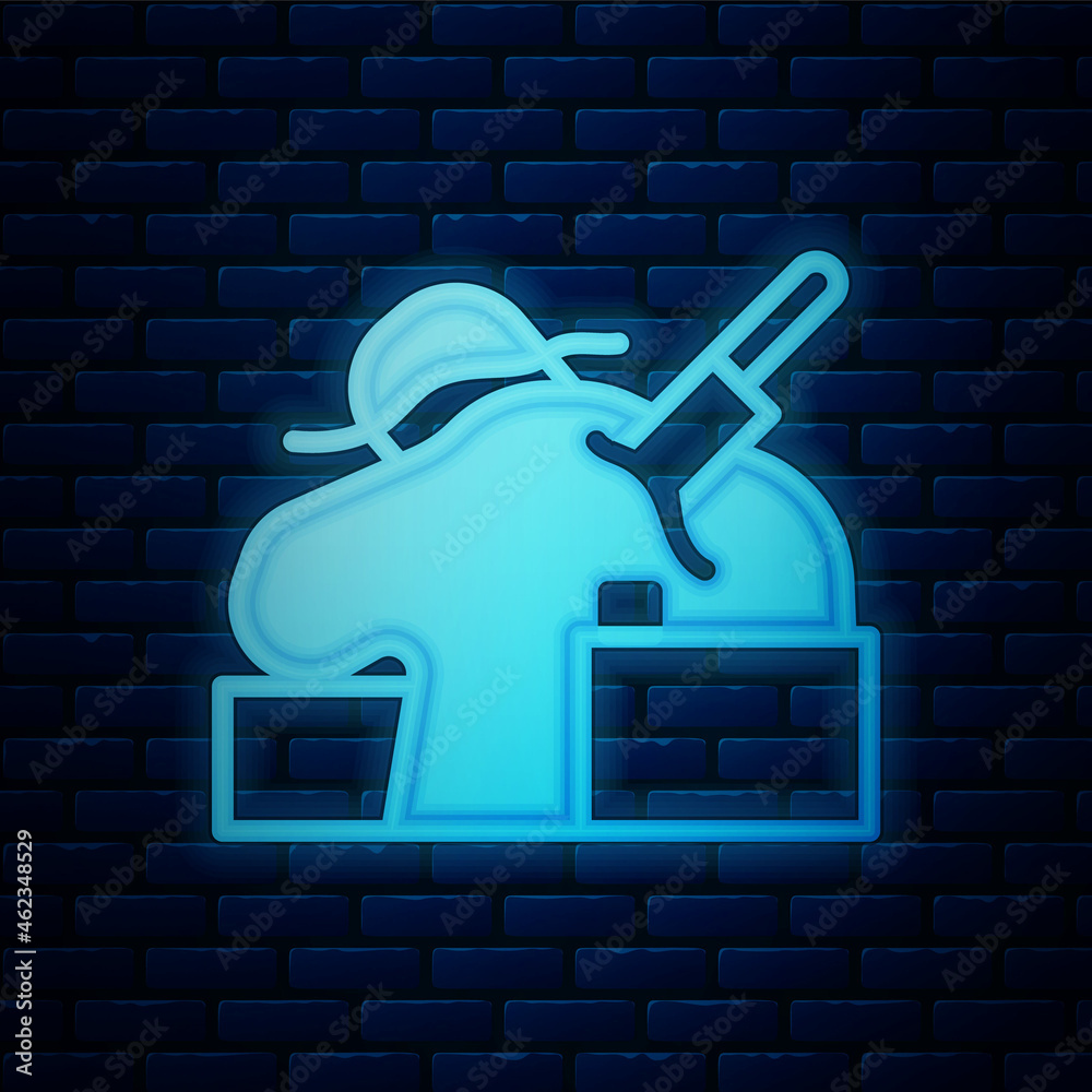 Glowing neon Murder icon isolated on brick wall background. Body ...