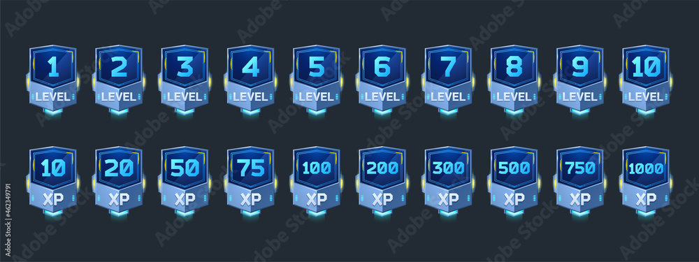 Futuristic badges with level number and experience points for game ui ...