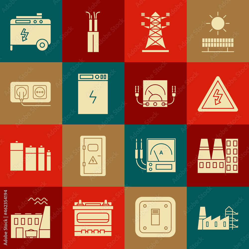 Set Power station plant and factory, High voltage sign, power pole line ...