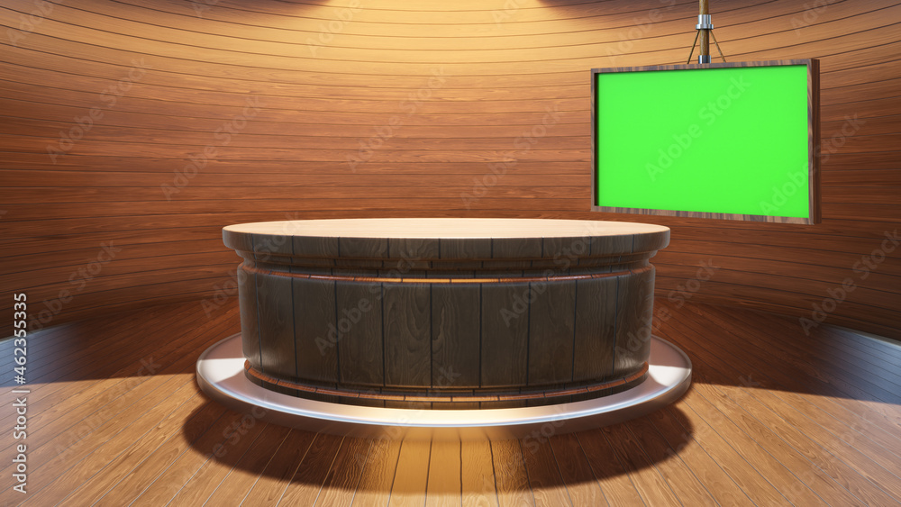 Wooden table with wooden background and green screen in news studio, 3D ...