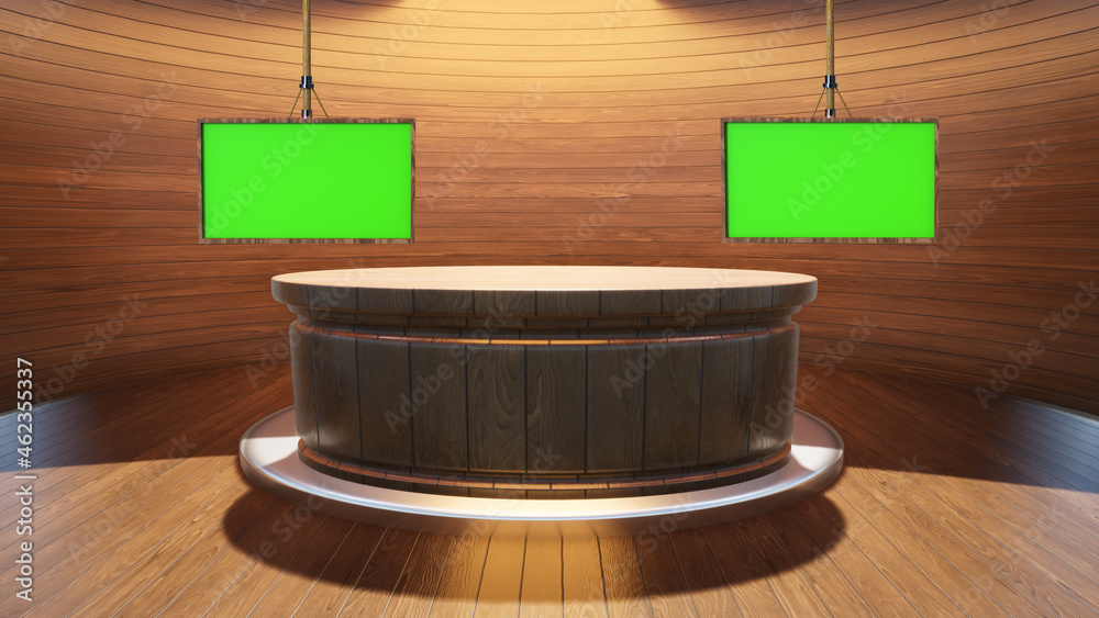 Wooden table with wooden background and green screen in news studio, 3D ...