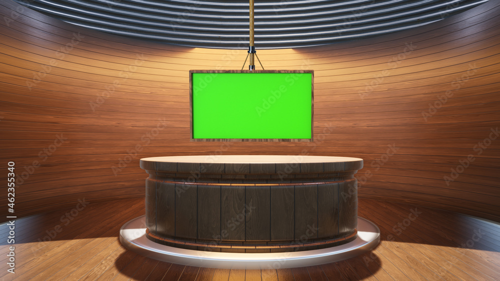 Wooden table with wooden background and green screen in news studio, 3D ...