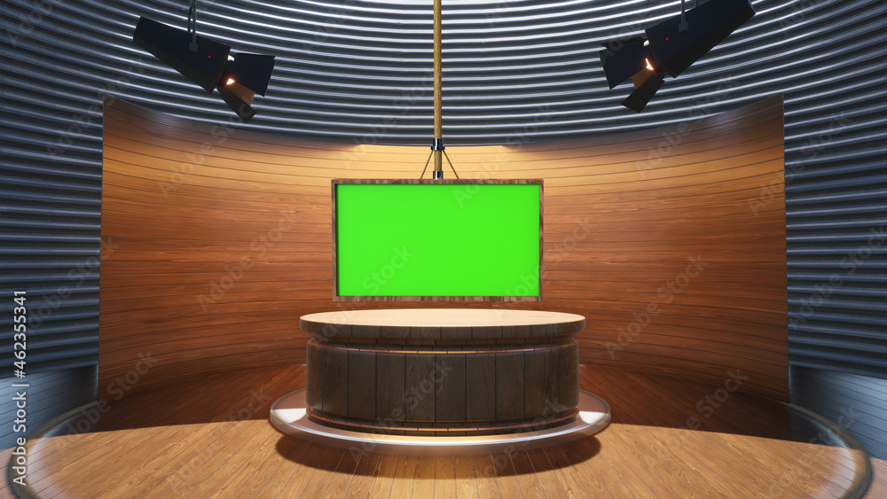 Wooden table with wooden background and green screen in news studio, 3D ...