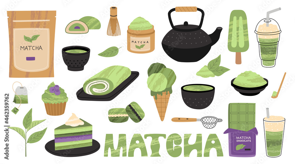 Big set of matcha tea. Various sweets, cakes, ice-cream and accessories ...