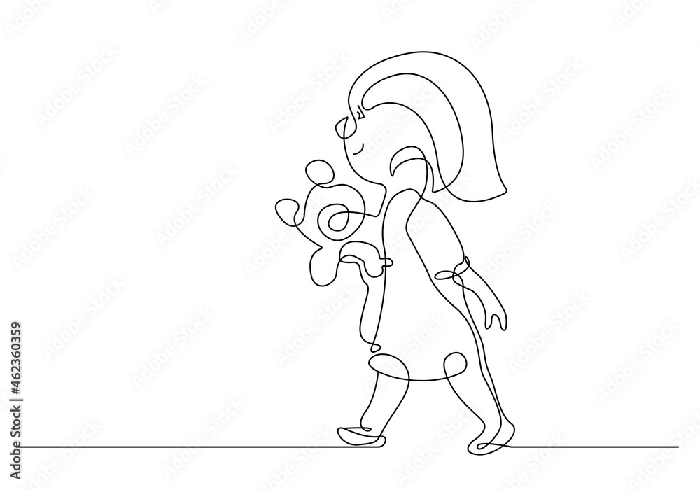 Little Girl with Teddy Bear Continuous Line Drawing. Girl One Line ...