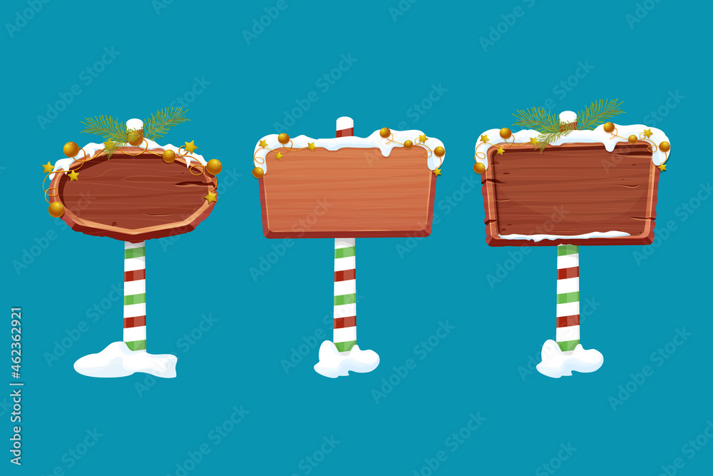 Set Christmas wooden signboard, road signs on striped stick with ...
