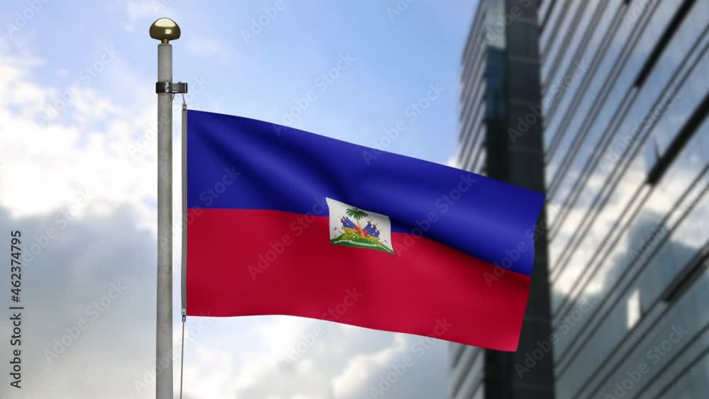 3D, Haitian flag waving on wind with modern skyscraper city. Close up ...