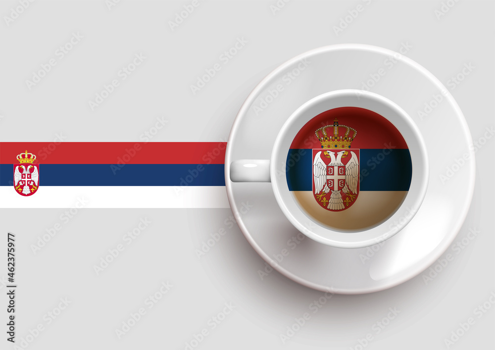 Serbia flag with a tasty coffee cup on top view and a gradient ...