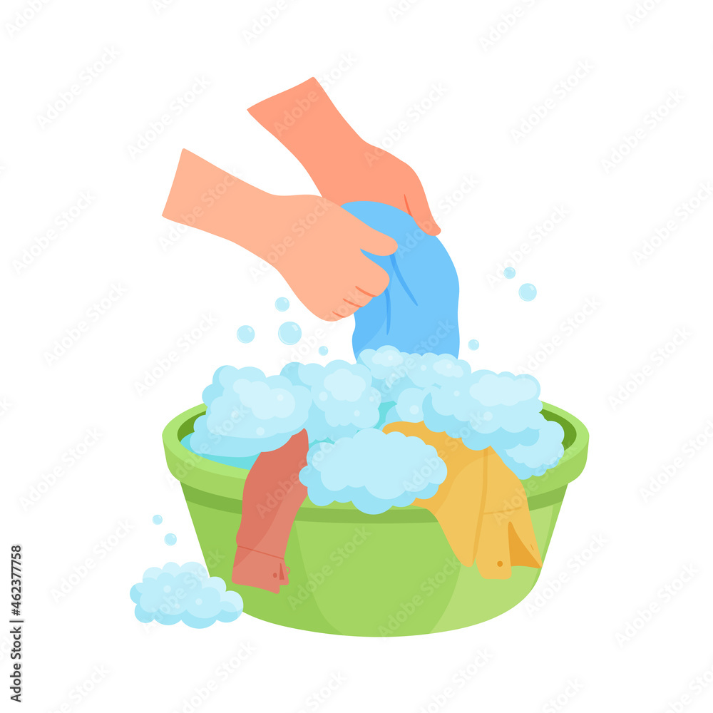 Vector illustration washing washing clothes by hands in basin with soap ...