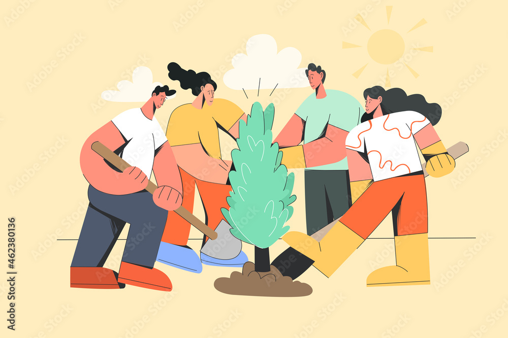 Group of volunteers work together plant tree, save environment and ...