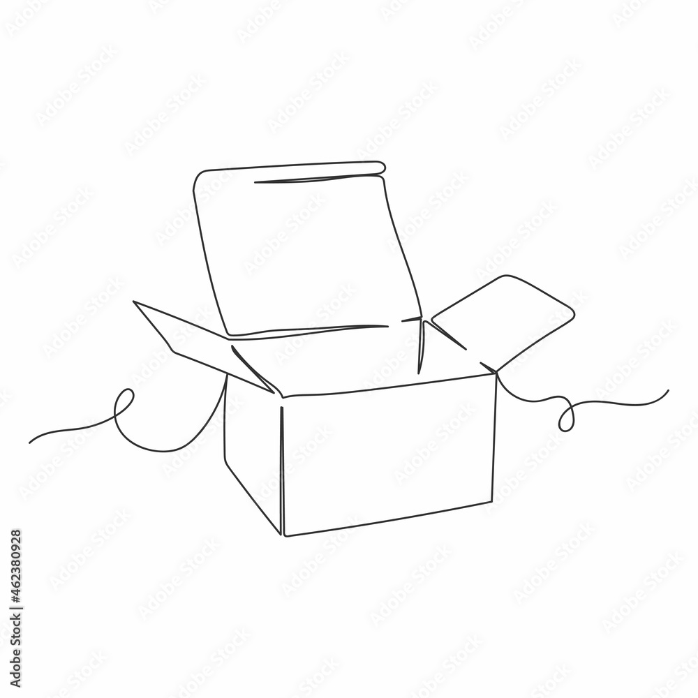 Continuous one line drawing of open cardboard box in silhouette on a ...