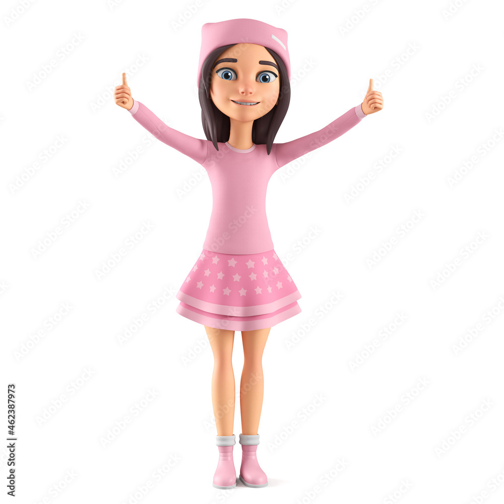 Cartoon character cheerful girl in pink clothes shows two thumbs up. 3d ...
