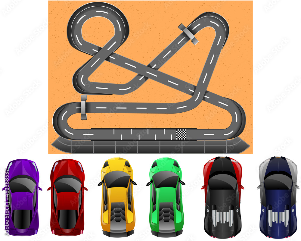 Realistic Glossy Race Cars Top View and Racing Track. Vector ...