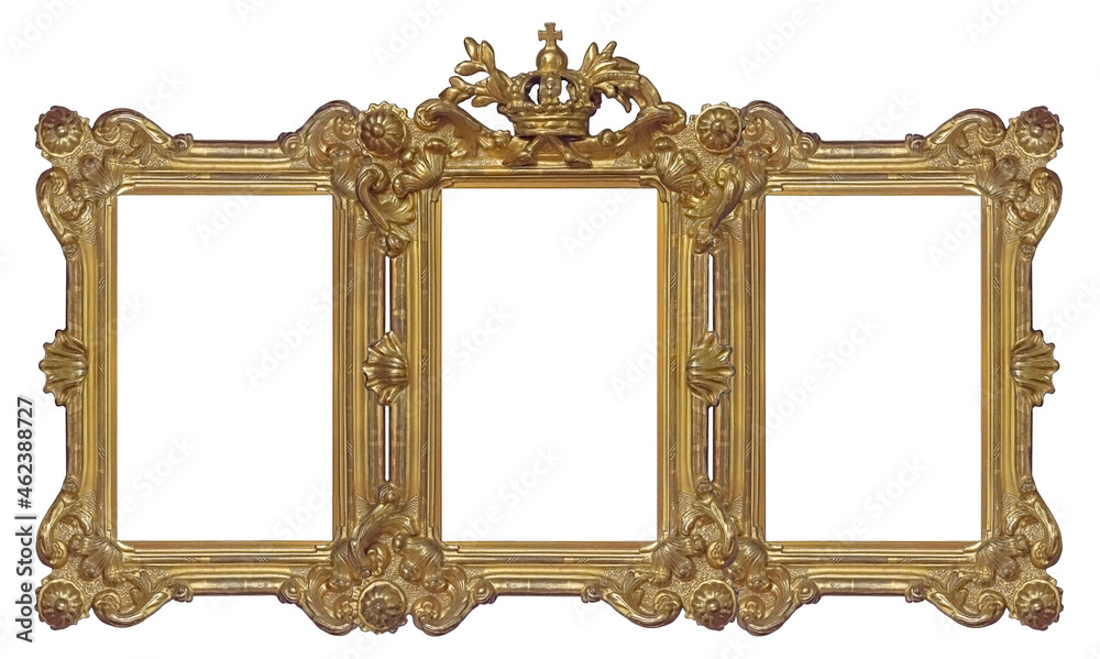 Triple golden frame (triptych) for paintings, mirrors or photos isolated on white background ...