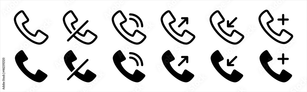 Call center icons set. Incoming, outgoing, missed, waiting call phone ...