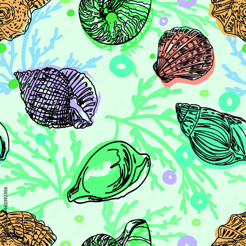 Vecteur Stock Sea shells vector pattern illustration. Coloured differnt ...