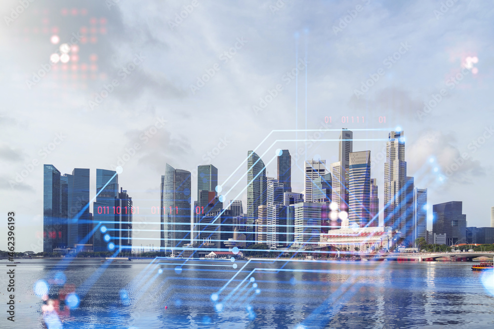 Foto de Technology hologram over panorama city view of Singapore. The ...