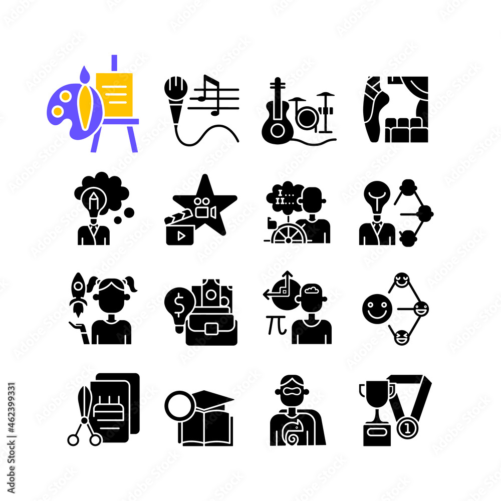 Talents and aptitudes black glyph icons set on white space. Skills and ...