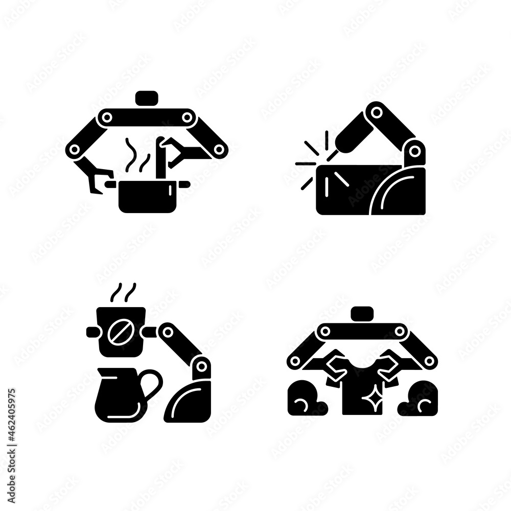 Automated mechanical devices black glyph icons set on white space ...