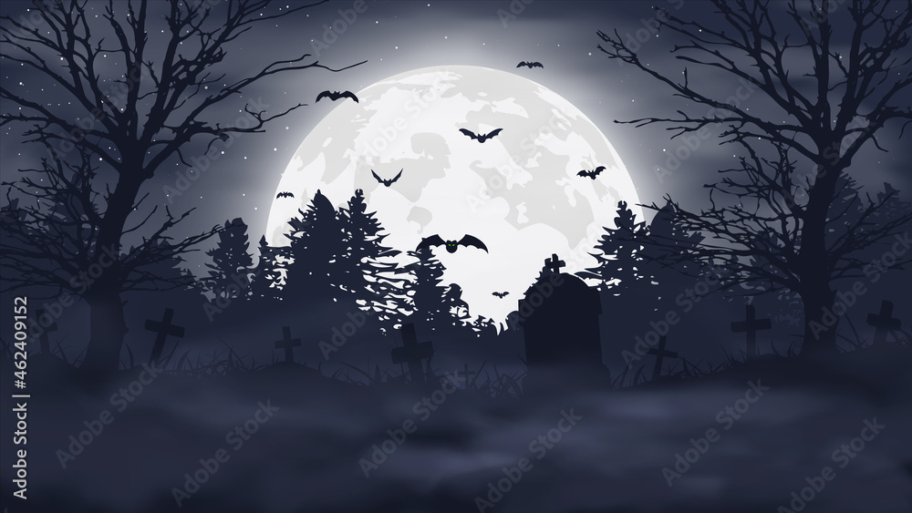 Halloween night background. Scary cemetery and full moon. Vector banner ...