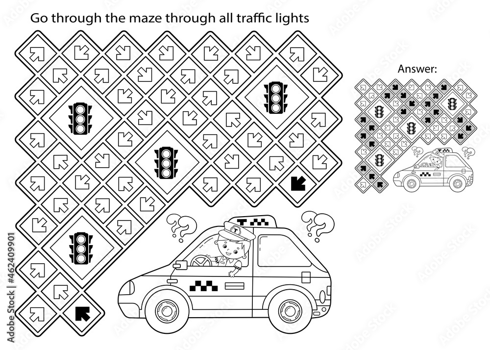 Maze or Labyrinth Game. Puzzle. Coloring Page Outline Of cartoon taxi ...