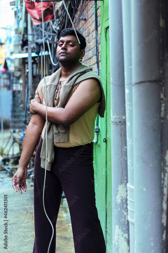 portrait of dark skinned Indian man in Malaysia, with theatrical facial ...