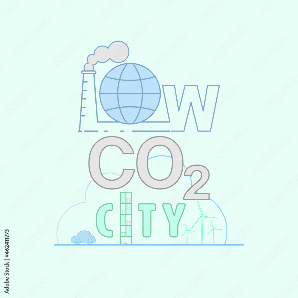 Vetor de Low CO2 city typographic design. Society where people join to ...