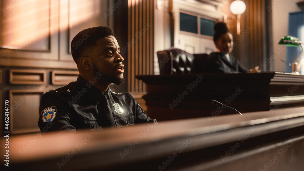 Court of Law and Justice Trial Stand: Portrait of Black Policeman ...