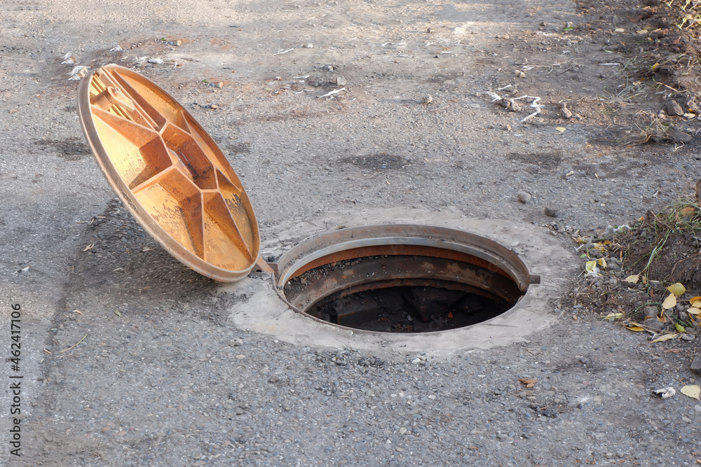 an open manhole cover on the road.violation of safety regulations Stock ...