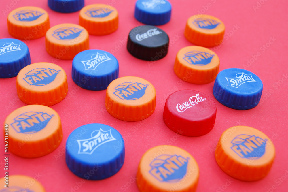plastic caps from different drinks soda. Popular brands: Coca Cola ...