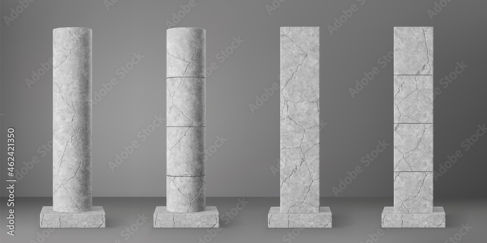Concrete broken cylinder and square columns set with rectangular plinth ...