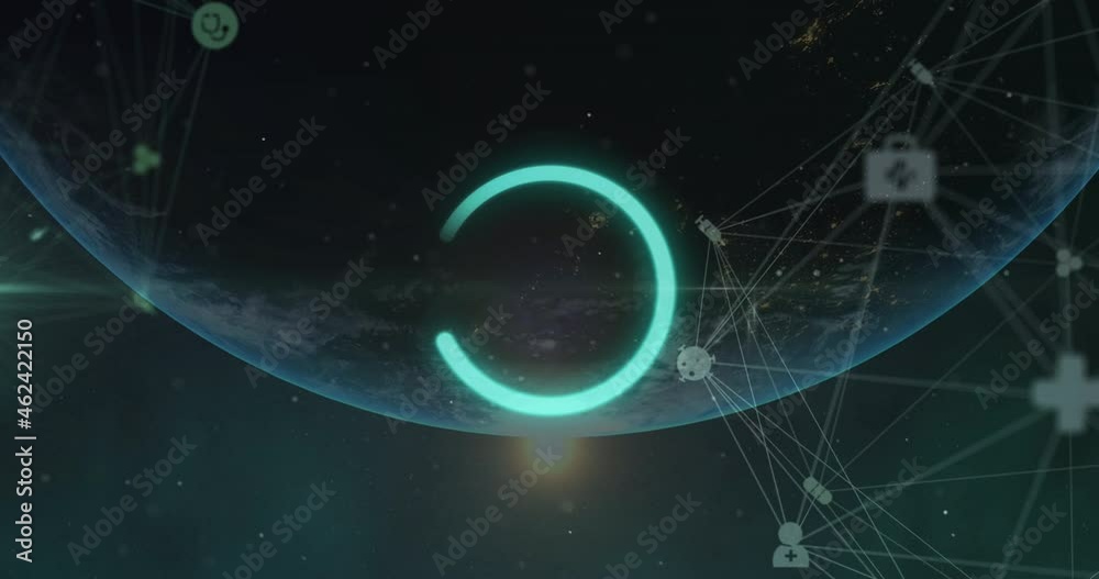 Animation of loading circle icon and network of connections over globe ...