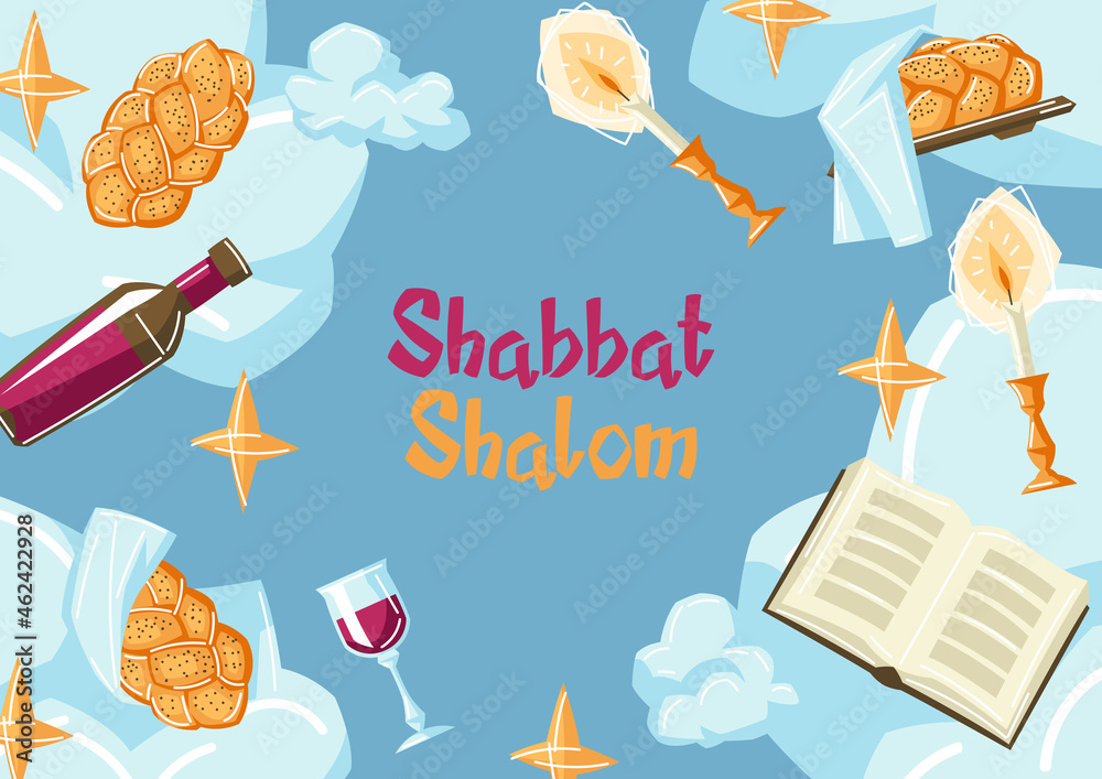 Shabbat Shalom frame with religious objects. Background with Jewish ...