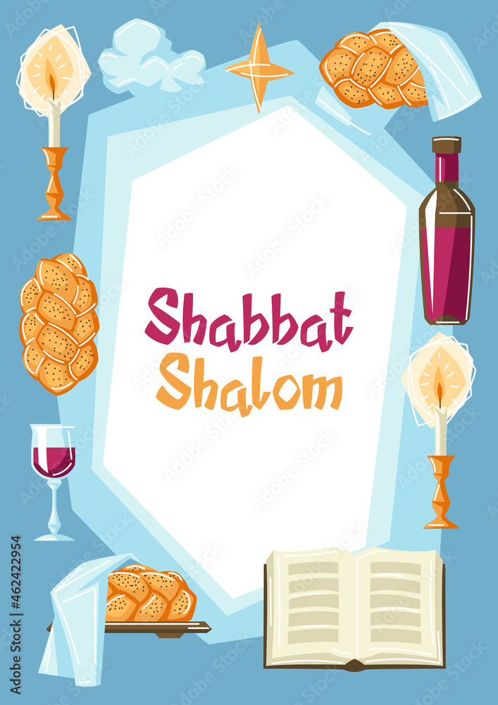 Shabbat Shalom frame with religious objects. Background with Jewish ...