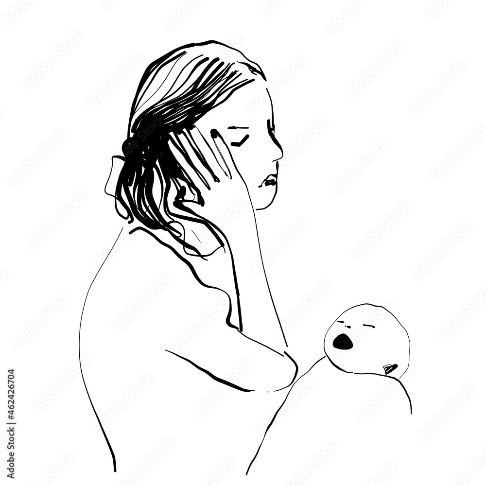 postpartum depression . illustration of tired mother. drawn manually ...