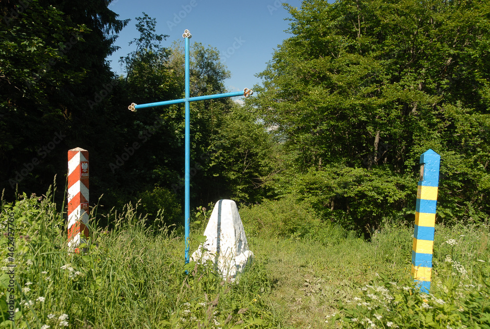 Border marks of Ukraine, Poland, Bieszczady Mountains Stock Photo ...