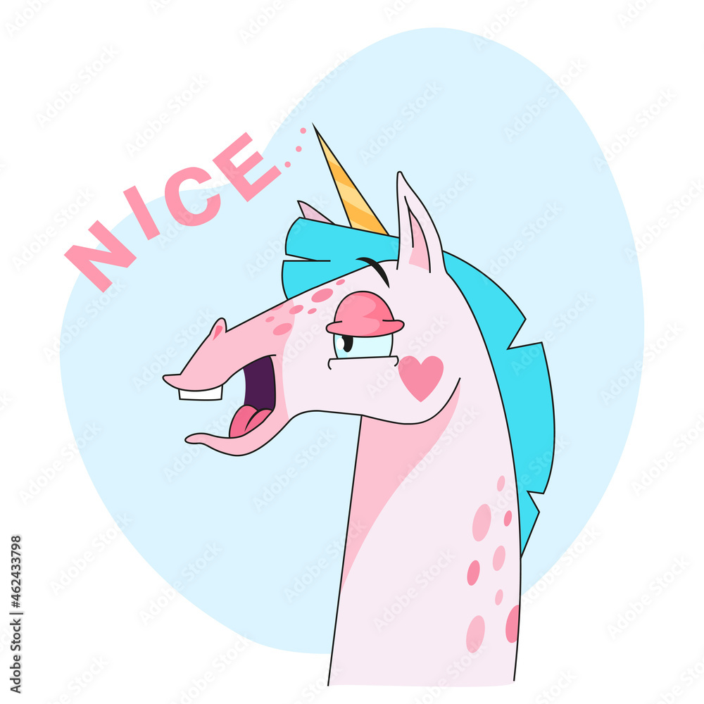 Cute unicorn cartoon character saying nice sticker. Funny emoticon of ...