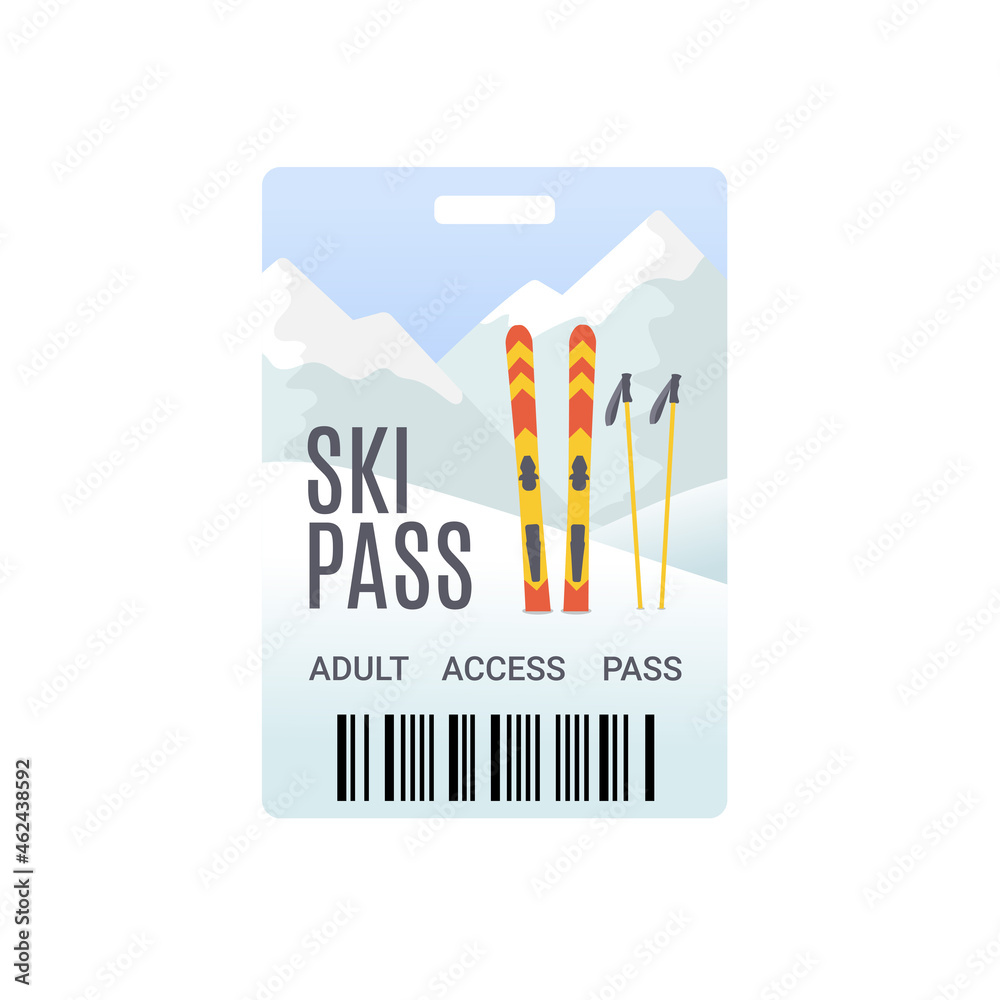 Ski pass template with barcode. Mountain landscape background with ski ...
