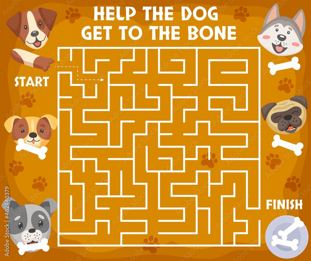 Vetor do Stock: Cartoon puppies and dogs, kids labyrinth maze game ...