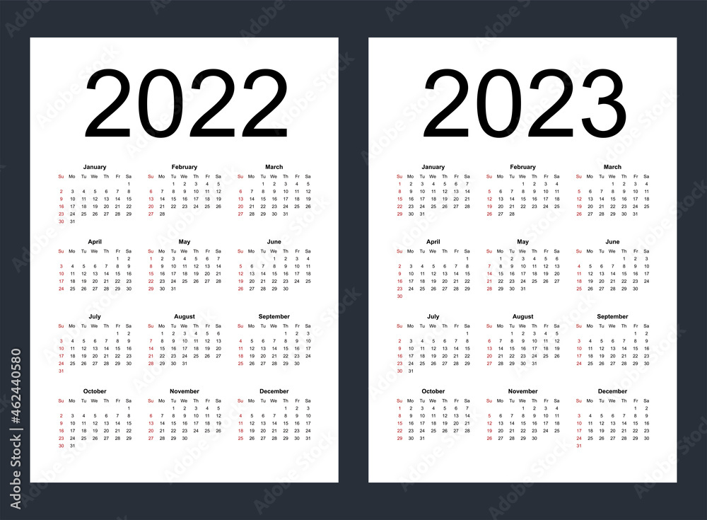 Simple editable vector calendars for year 2022, 2023. Week starts from ...