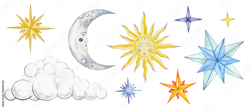 Set of watercolor vintage illustrations of night sky elements Stock ...